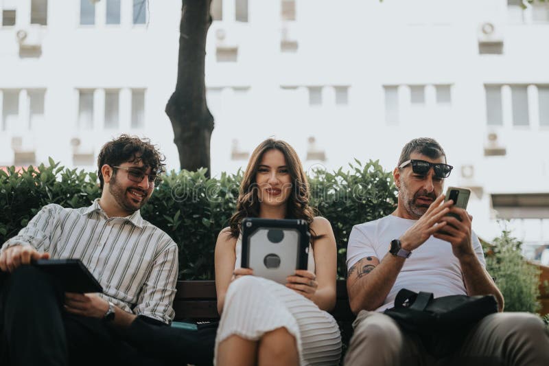 Business Colleagues Working Outdoors on a Sunny Day, Using Digital ...