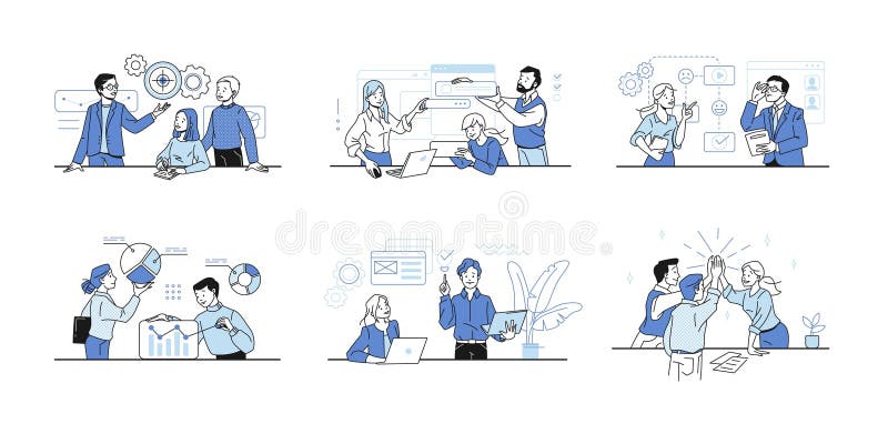 Business Communication. Cartoon People Work in Office. Teamwork or ...