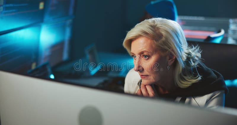 Business, Computer and Woman in Office, Cyber Security and Thinking ...