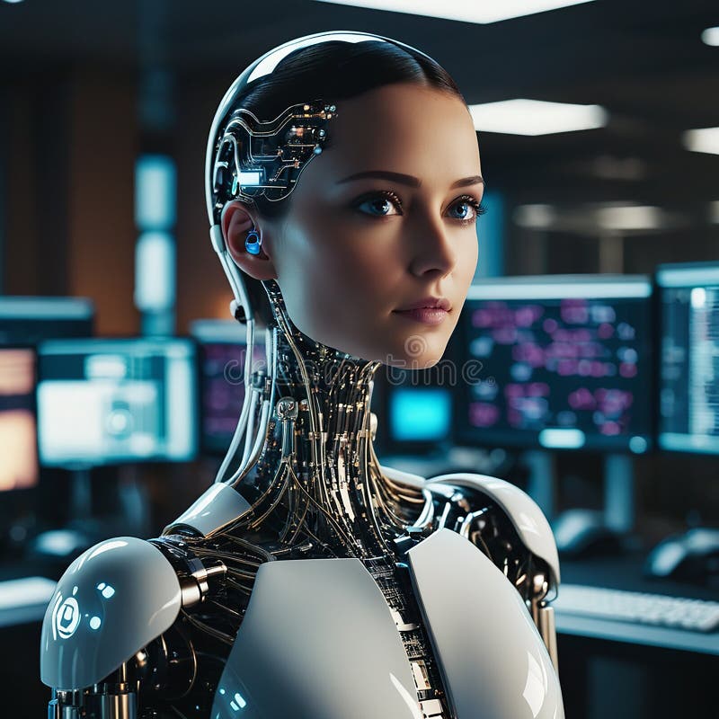 Female Robot in Office Space with Computer Screens Stock Illustration ...
