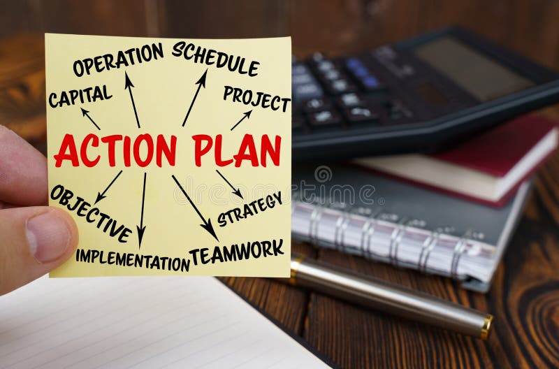 In the Hands of a Man is a Sticker with the Inscription - Action Plan ...