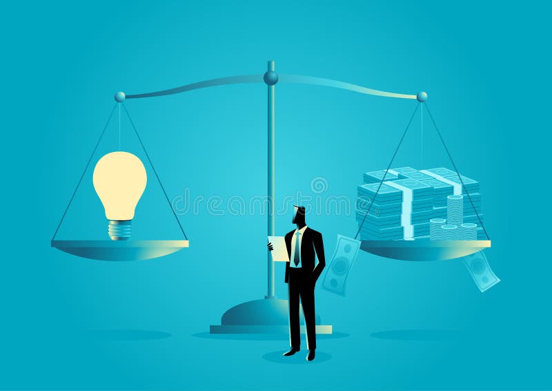 Business Concept Illustration of Money and Light Bulb on a Scale Stock ...