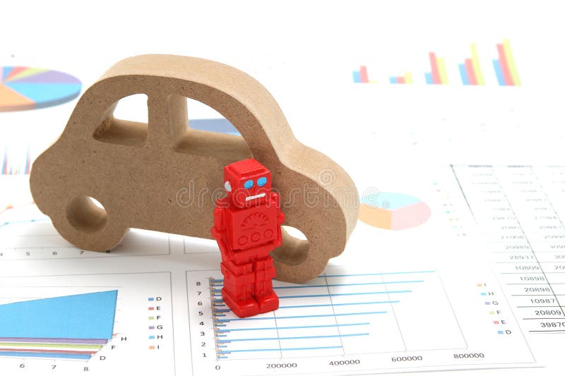 Business Concept with Miniature Robot, Car Model, and Financial Graphs ...