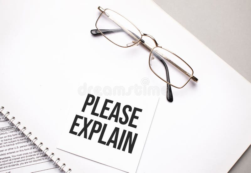 PLEASE EXPLAIN Words on Labels with Document Binders Stock Image ...