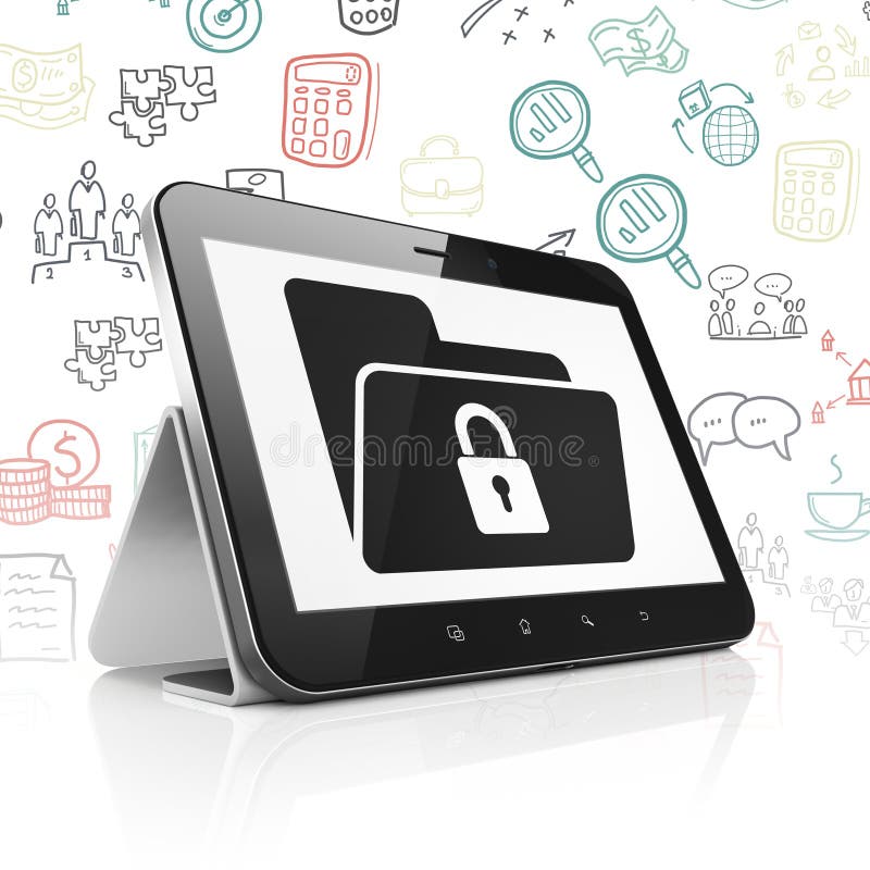 Business Concept: Tablet Computer with Folder with Lock on Display ... Business Concept: Tablet Computer with Folder with Lock on Display ...