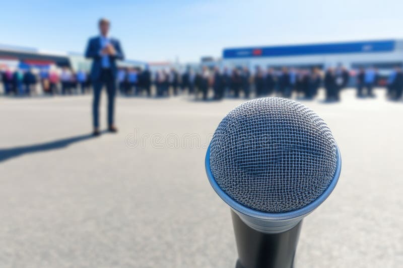 Business Conference Speaker with Microphone in Hand at Outdoor Event ...