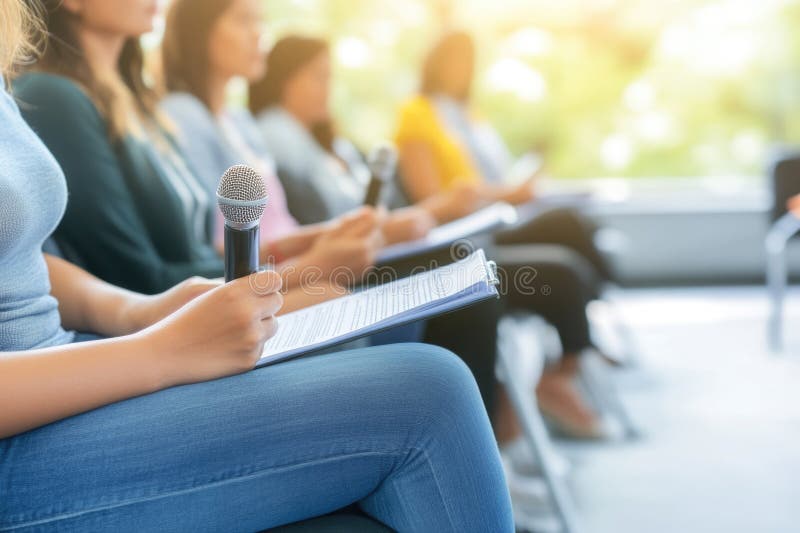 Business Conference with Women Holding Microphone for Presentations and ...
