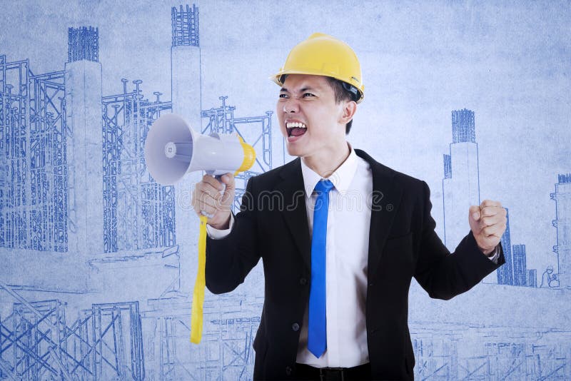 Megaphone Screaming Engineer Contractor Woman Stock Photo - Image of ...