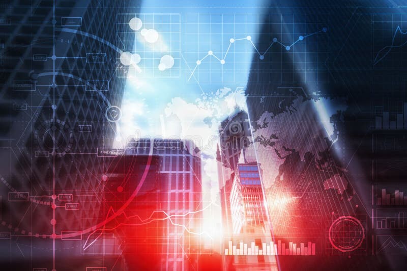 Business Control Panel on Virtual Screen Modern City Background. Stock ...