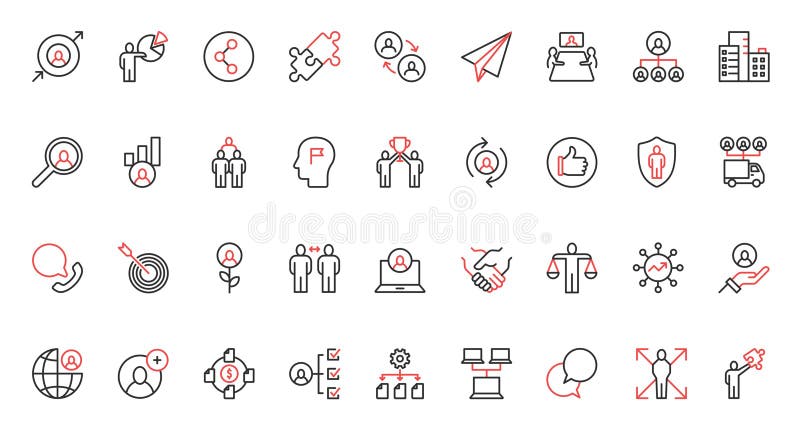 Business Cooperation Red Black Thin Line Icons Set, Human Resource ...