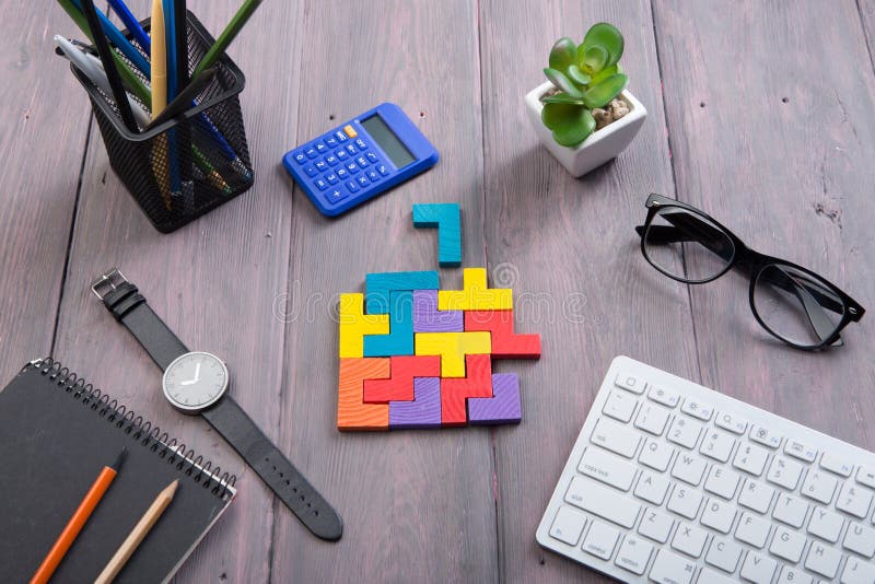 Business Creative Idea and Teamwork Concept - Jigsaw Puzzle, Notebook ...