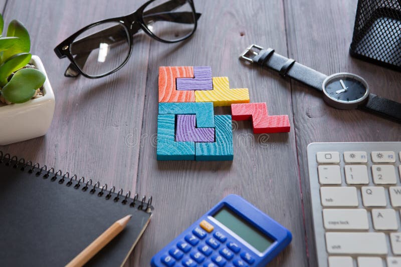 Business Creative Idea and Teamwork Concept - Jigsaw Puzzle, Notebook ...