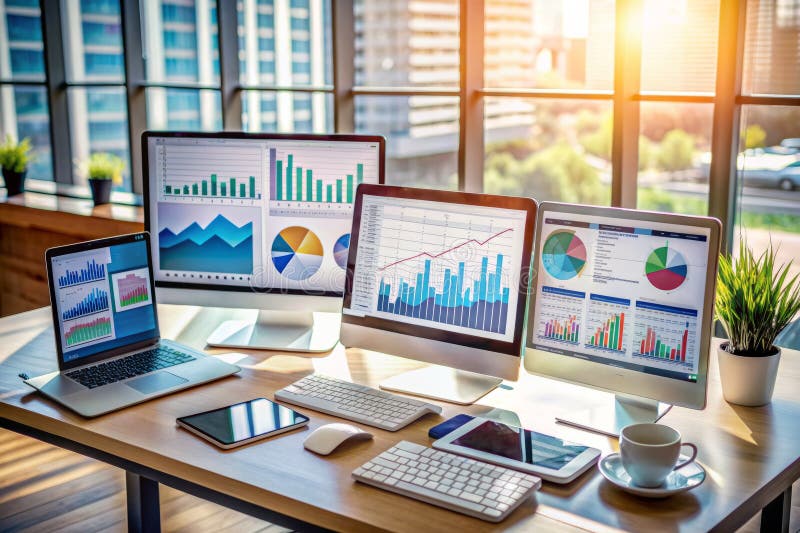 Business Data Analyst Workstation with Multiple Screens Displaying ...