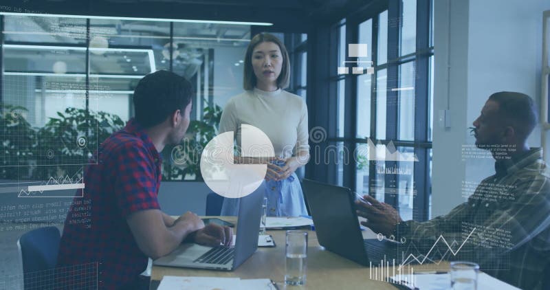 Business Data Analytics Animation Over Diverse Team Meeting in Modern ...