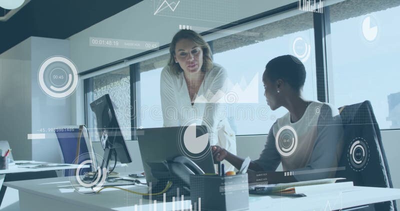 Business Data Analytics Animation Over Two Women Discussing Work in ...