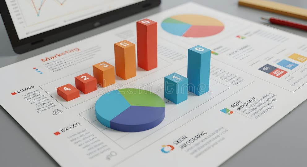 Colorful 3D Bar and Pie Charts on Business Report Stock Photo - Image ...