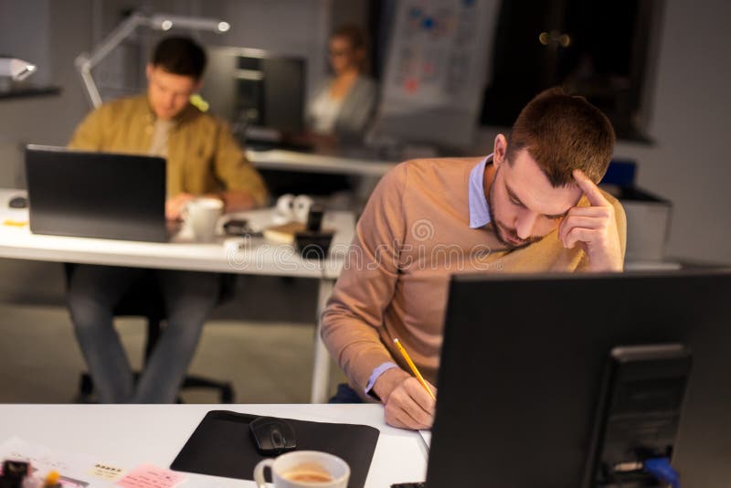 Man with Computer Working Late at Night Office Stock Image - Image of ...