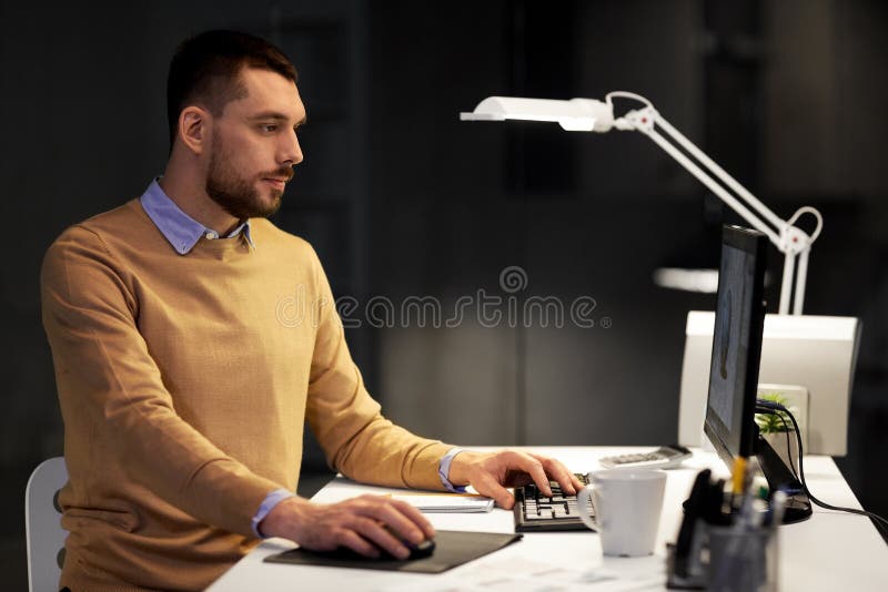 Man with Computer Working Late at Night Office Stock Image - Image of ...