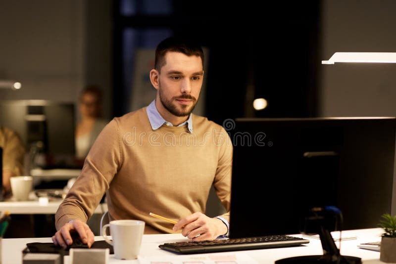 Man with Computer Working Late at Night Office Stock Image - Image of ...