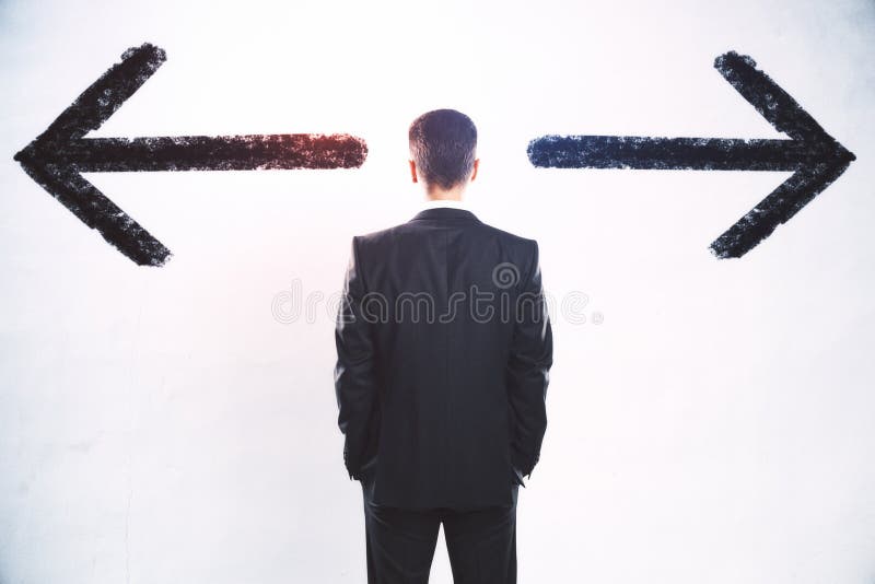 Business Decision Concept With Back View On Businessman Between Arrows
