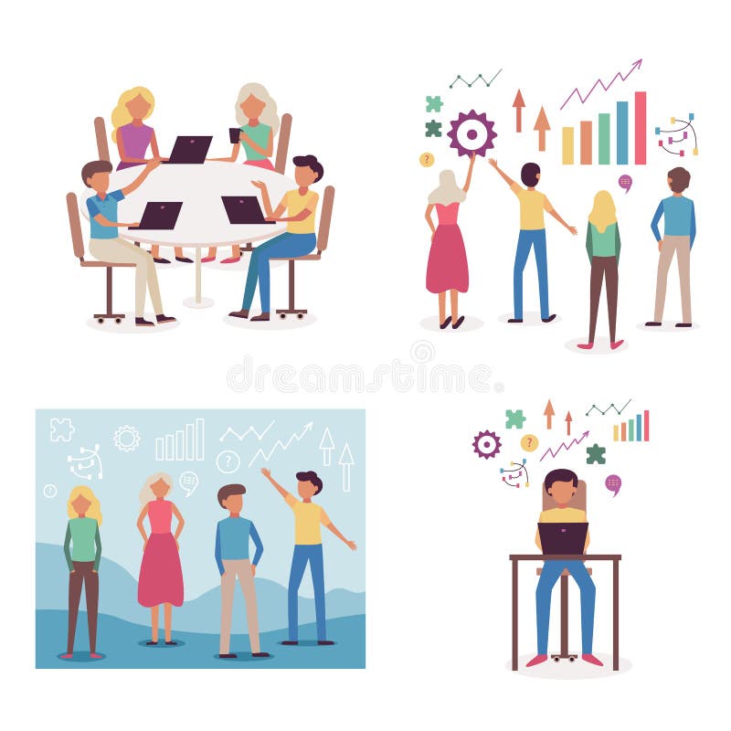 Business Development Concept Set with Team Working on Common Goal and ...