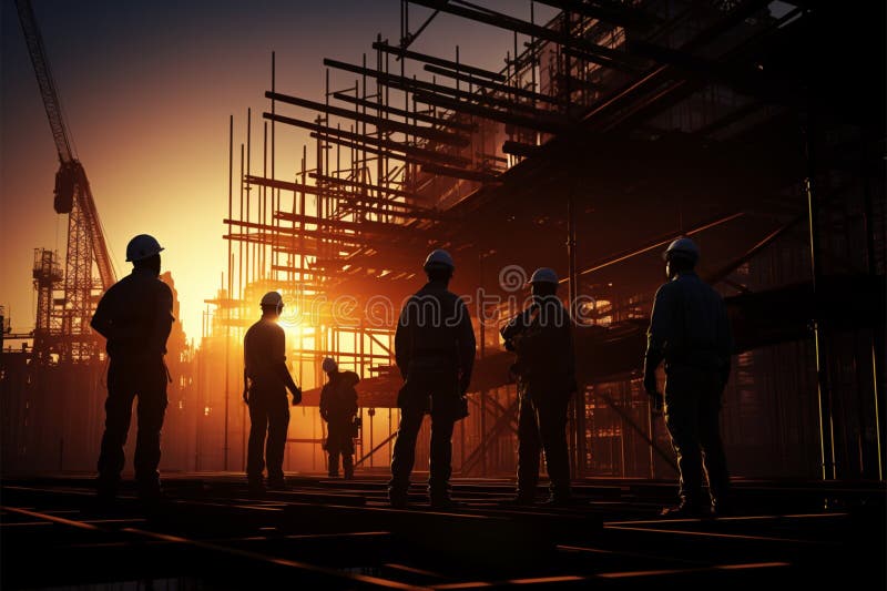 Business Development Construction Engineer, Contractor, Teamwork Silhouette on Industrial Site ...