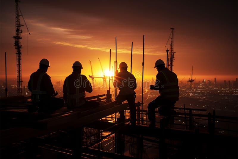 Business Development Construction Engineer, Contractor, Teamwork Silhouette on Industrial Site ...