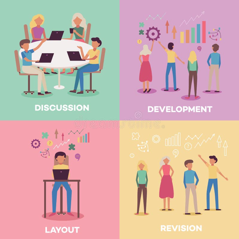 Business Development Process Banners Set with Team Working on Common ...