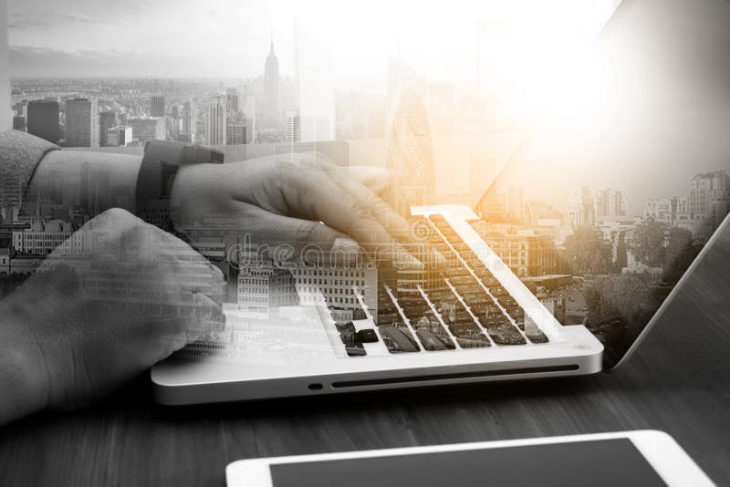 Business Digital Businessman Hand Working on Laptop Computer and Stock ...