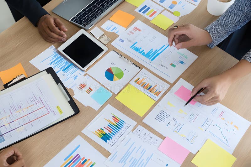 Business Discussion with Charts, Post-it Notes, and Tablets Stock Photo ...