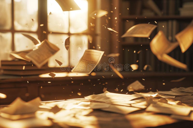 Business Document Paper Flying Surround on Office Desk Stock ...