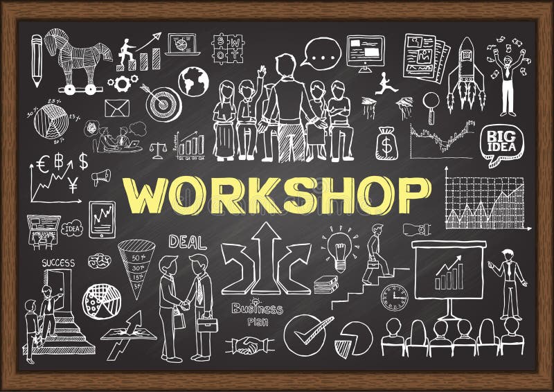 Business Doodles on Chalkboard with Workshop Concept. Hand Drawn ...