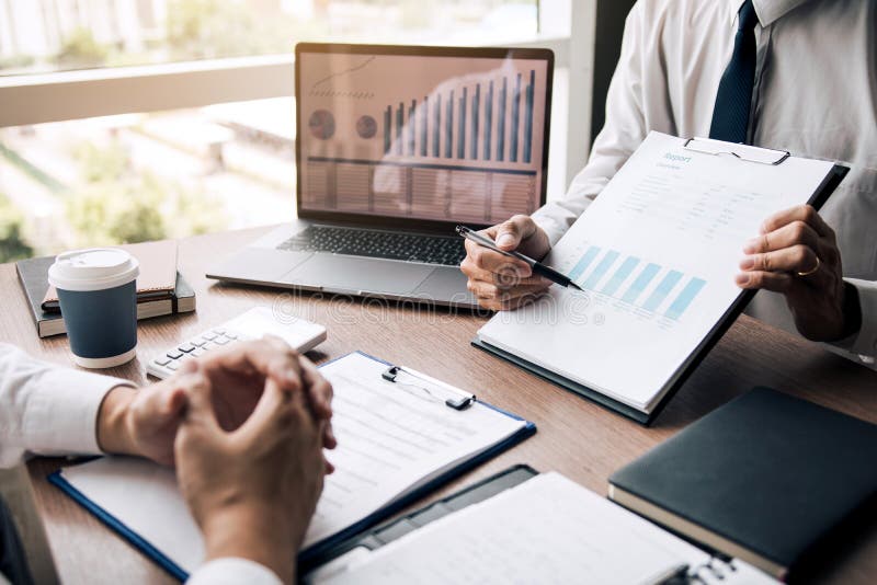 Business Employee Man are Reporting about Performance Graphs Summary ...