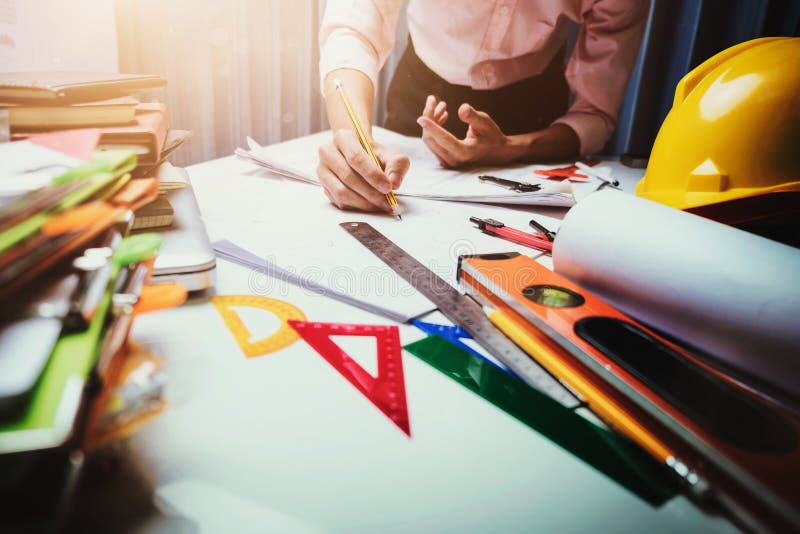 Business Engineer Contractor Working at His Desk Table in Office Stock ...