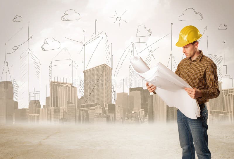 Business Engineer Planing at Construction Site with City Background ...