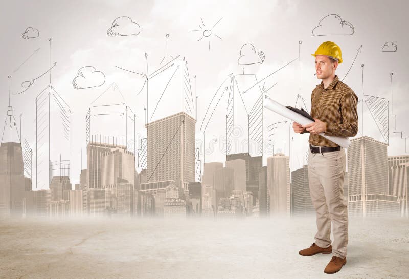 Business Engineer Planing at Construction Site with City Background ...