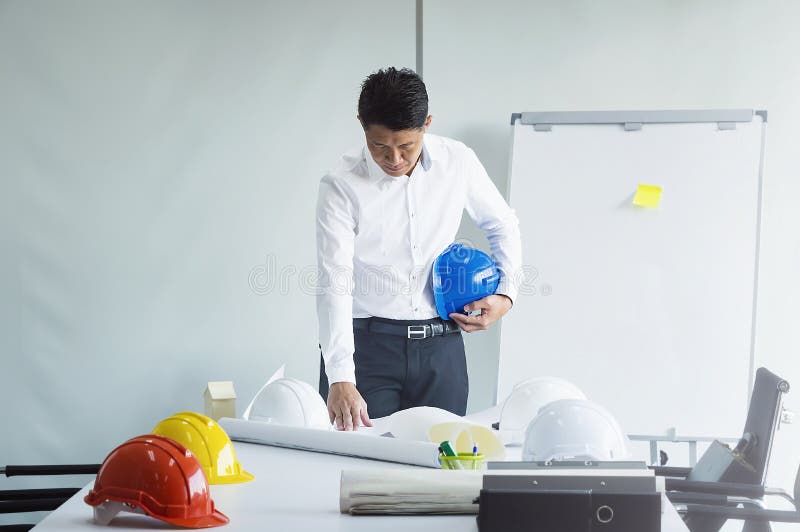 Business Engineering Man Looking Project Constructed Paper Blueprint ...