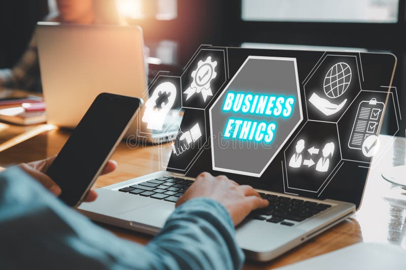 Business Woman Working on Laptop Computer with Business Ethics Icon on ...