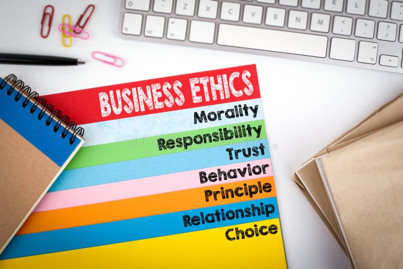 Business Ethics. Office Desk with a Computer Keyboard and Color Pages ...