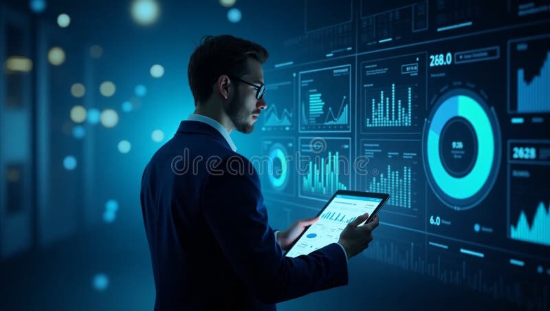 Business Executive Analyzing KPI Dashboard on Transparent Touchscreen ...