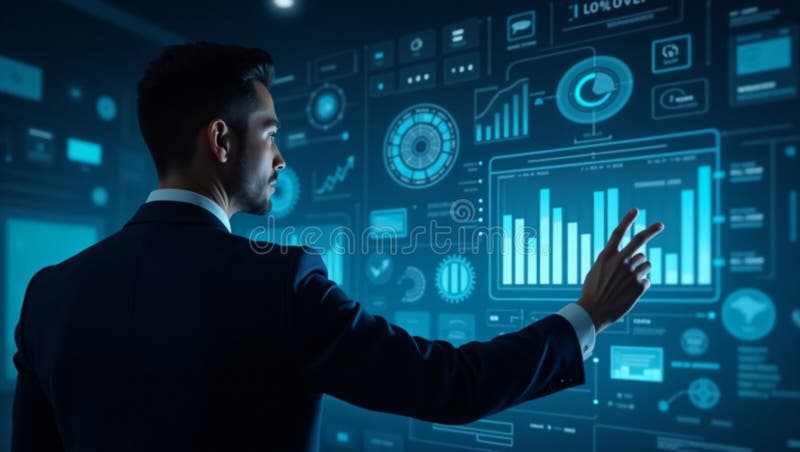 Business Executive Analyzing KPI Dashboard on Transparent Touchscreen ...