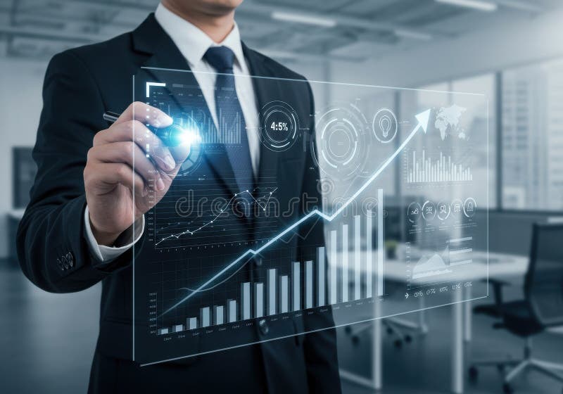 Business Executive, Drawing Upward Trend Line, Futuristic Interface ...