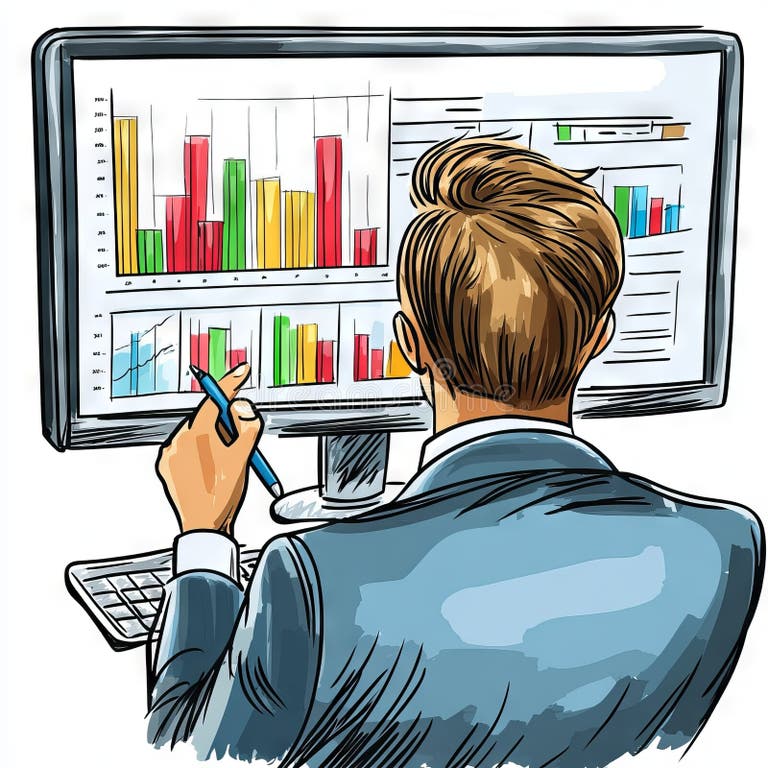 A Business Executive Examining Financial Growth Charts, Graphs, and ...