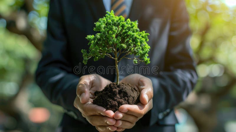 Business Executive Holding a Growing Tree Symbolizing ESG Stock Photo ...