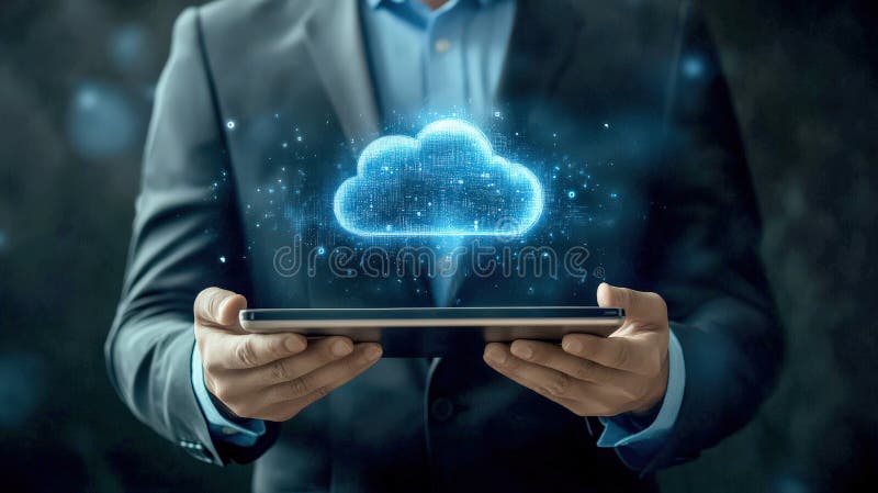 Business Executive Interacting with Tablet Featuring Cloud Symbol for ...
