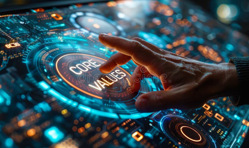 Business Executive Interfacing with a Digital Screen Highlighting Core ...