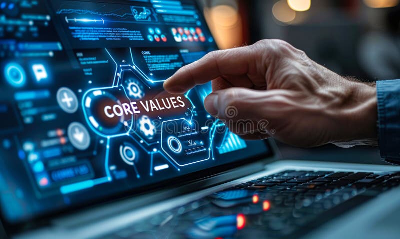 Business Executive Interfacing with a Digital Screen Highlighting Core ...