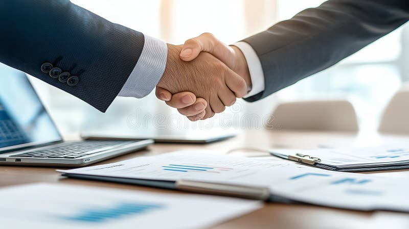 Business Shaking Hands with a Client Over a Conference Table, with ...