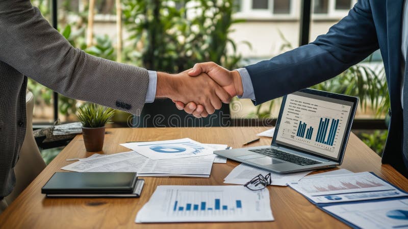 Business Shaking Hands with a Client Over a Conference Table, with ...