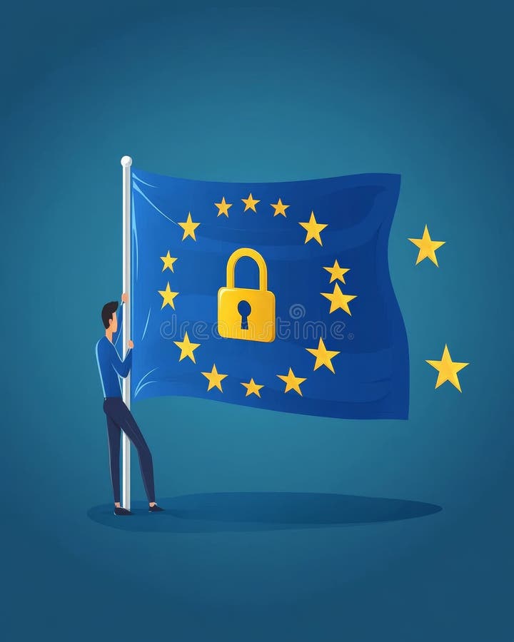 Business Executive Standing EU Cybersecurity Flag in Professional ...